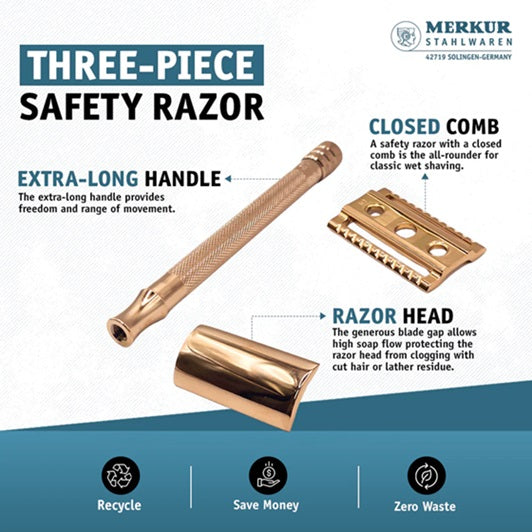 Merkur 24G Extra Long Handle Double Edge Safety Razor Rose Gold with 1 ...
